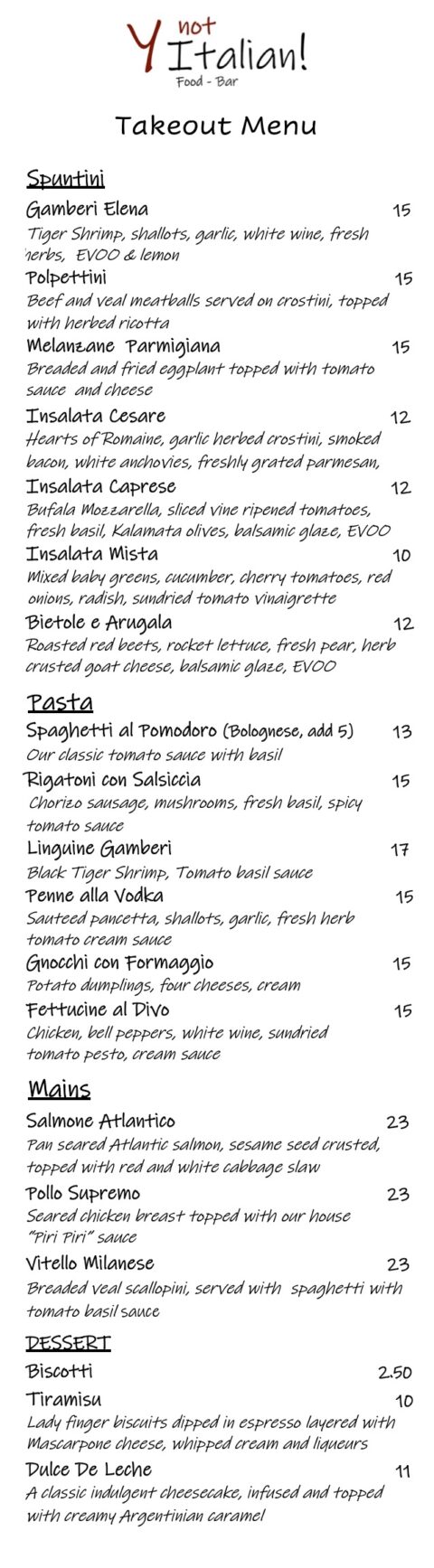 Menu | Y Not Italian!